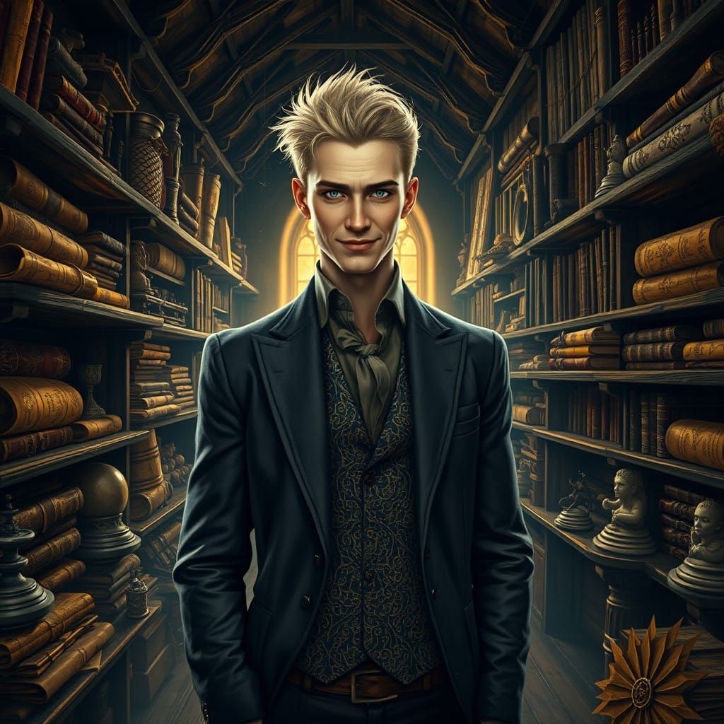 Dashing Gentleman Amidst Ancient Tomes and Relics - AI Art