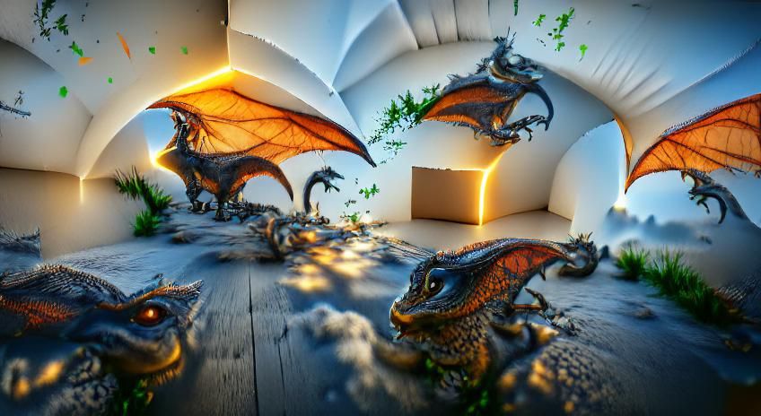 Here be DRAGONS! coming out of a cardbox artwork 8k resolution HDR ...