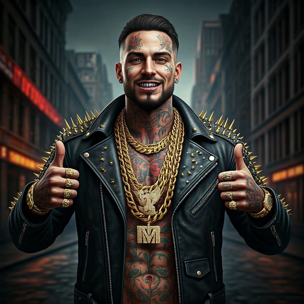 Gritty Gangster Rose Petals, Thumbs Up in Urban Ci... - AI Art