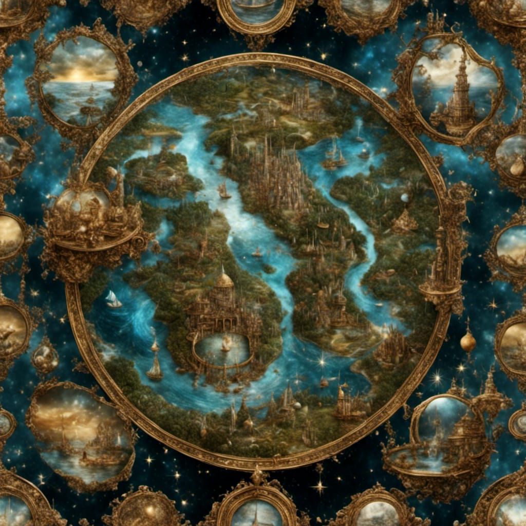 a beautiful fantastical glittering map of magical lands and seas and elements 8k resolution ...