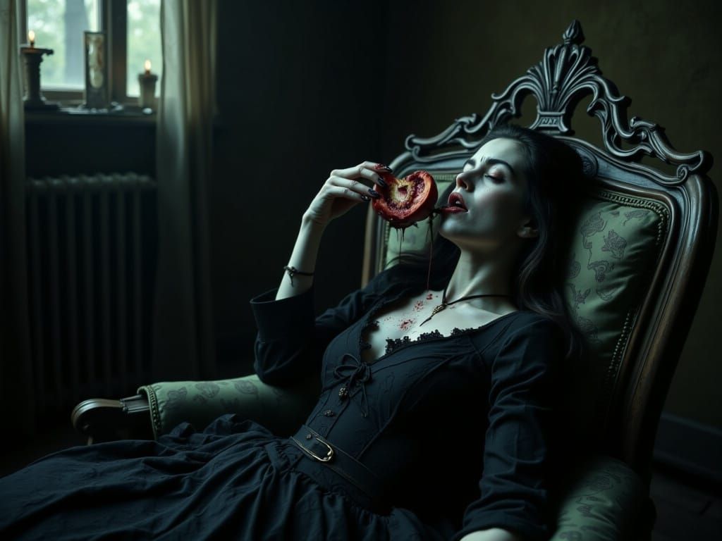 sleeping beauty holding a bitten apple::blood dripping from her mouth ...