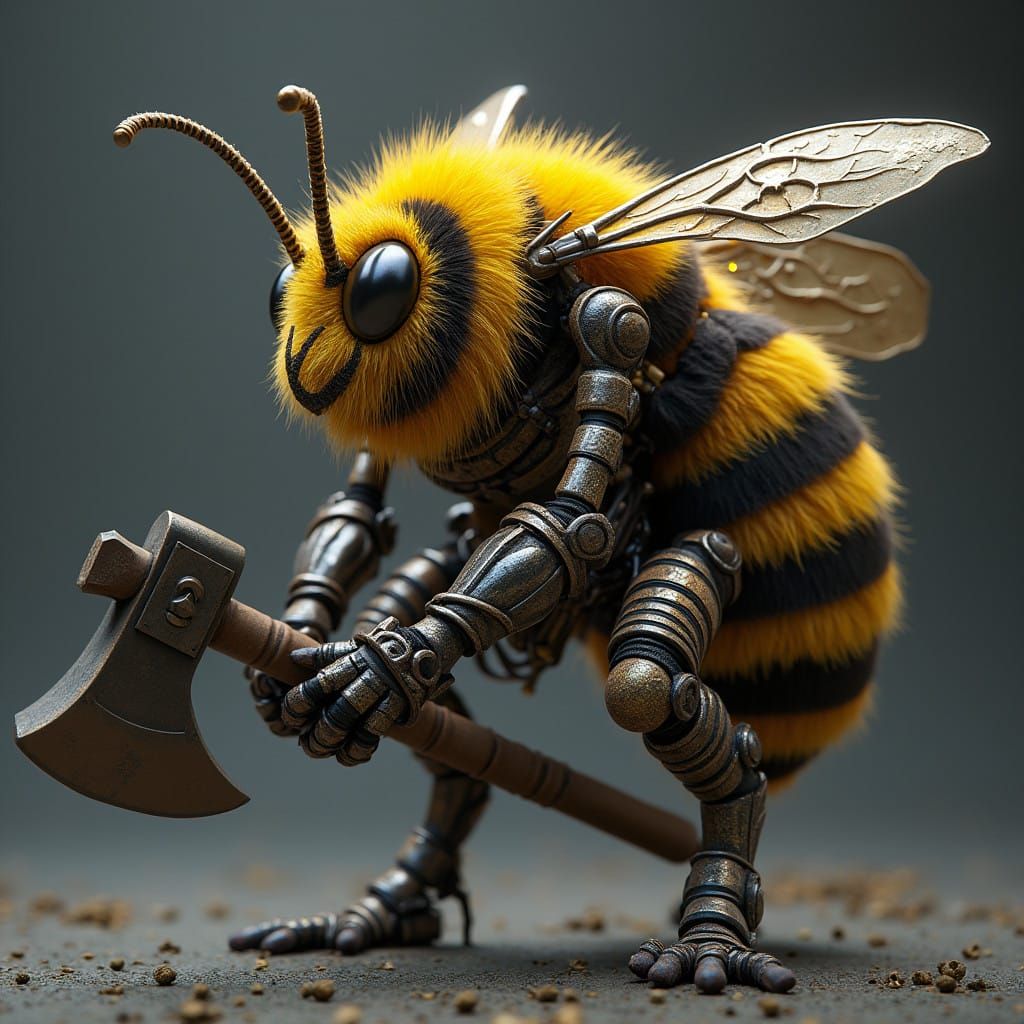 Glowing Steel Knight Bee in Battle - AI Art