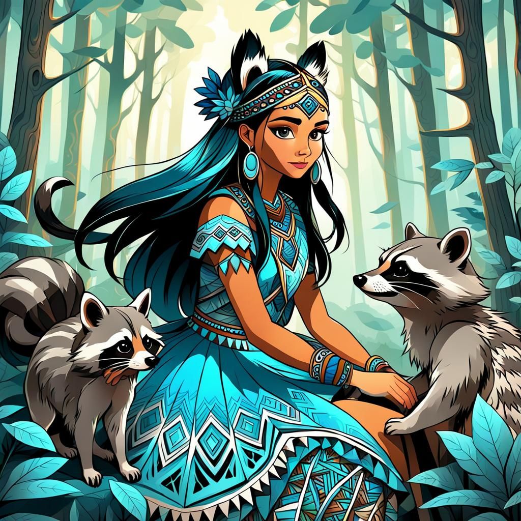 Young native American princess talking with a raccoon in the forest ...