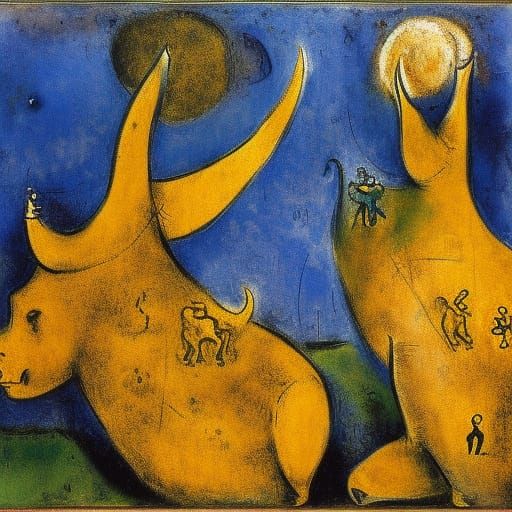 Some triceratops' malfunction By Marc Chagall and Andrei Rublev 4K post-apocalyptic naïve art ...