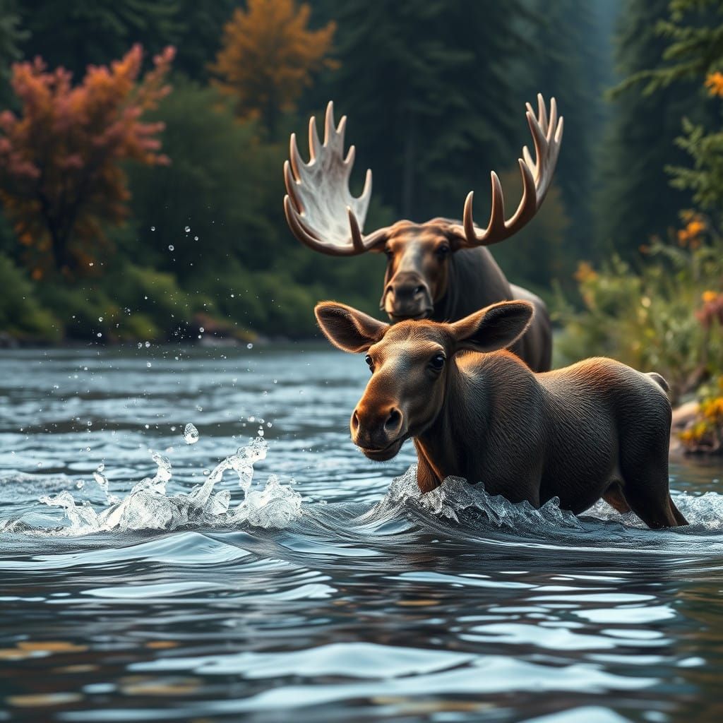 Majestic Baby Moose Plays in River with Regal Moth... - AI Art