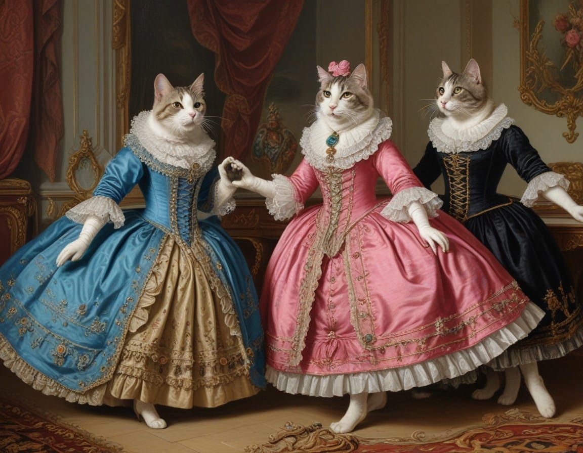 smug rococo cats - Dance of Regal Felines in Grand Rococo St...