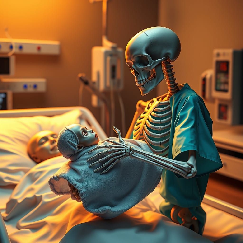 Skeleton Family Welcomes Newborn in Hospital Scene - AI Art