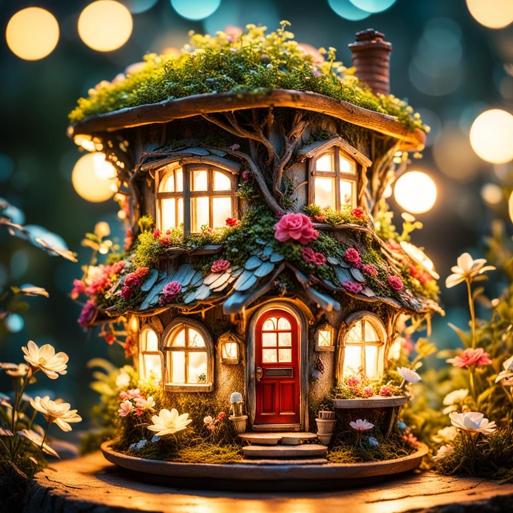 Extremely detailed professional photograph Miniature wonderland tiny whimsical fairy house ...