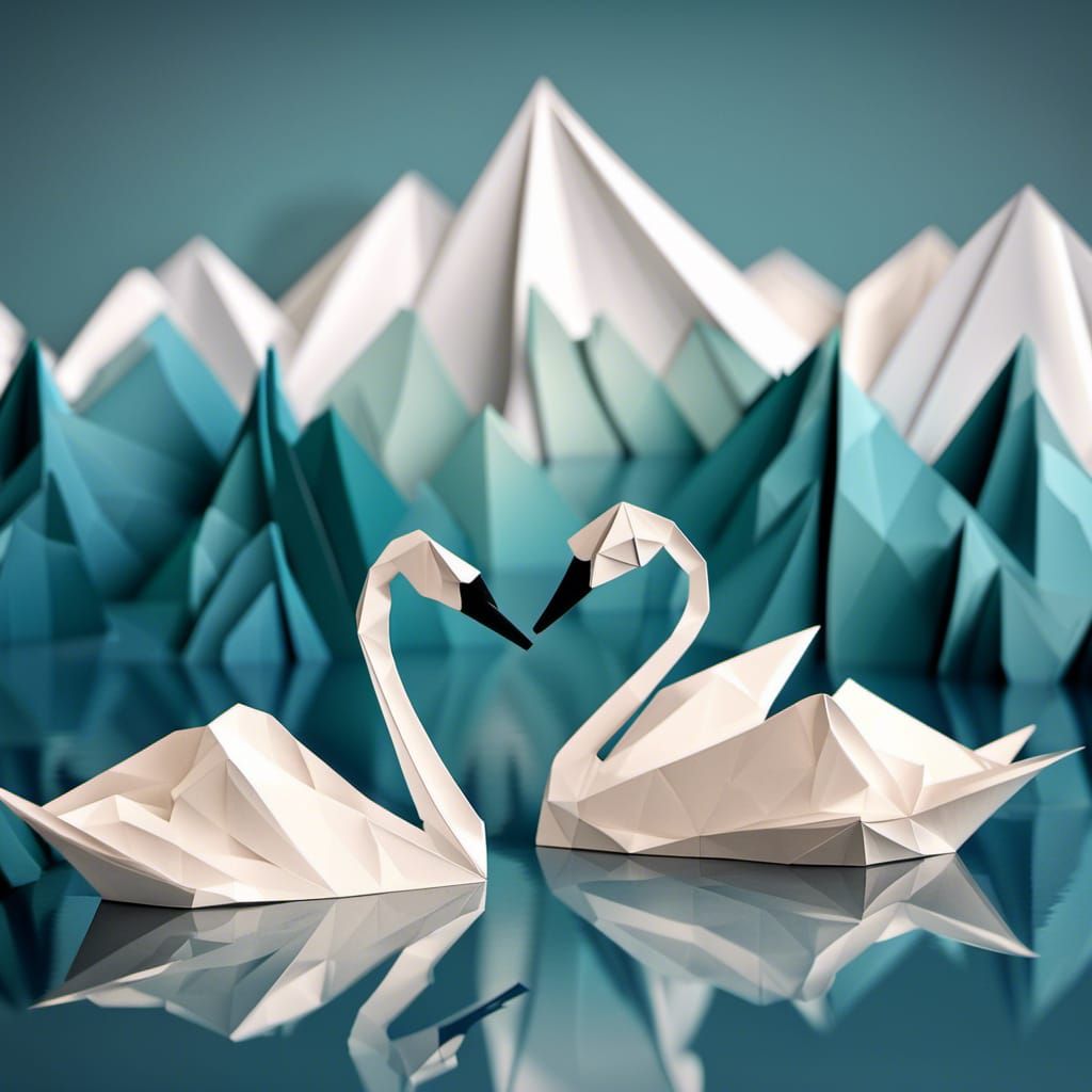 Swans on a lake, Mountains in distance Origami paper folds papercraft ...