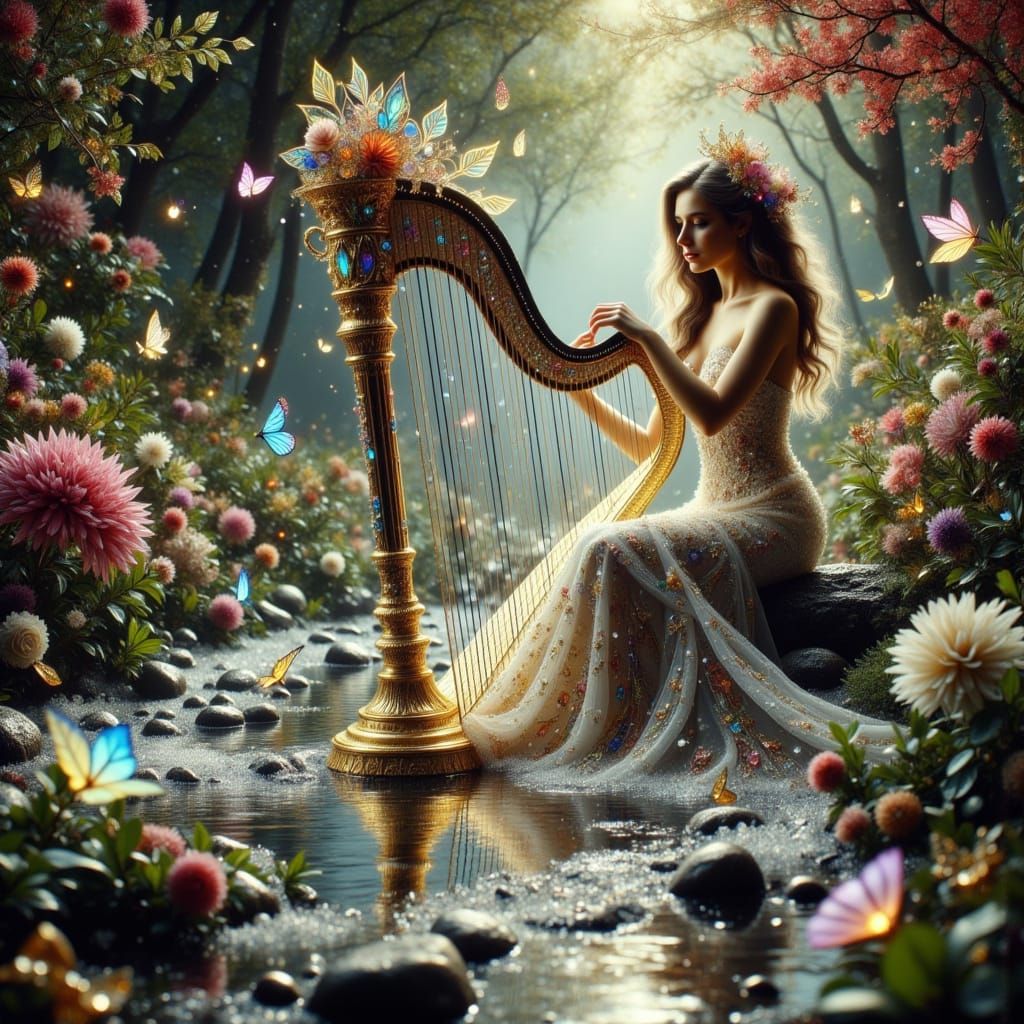 The Harpist - Intricately Detailed Harpist in a Hyperrealis...