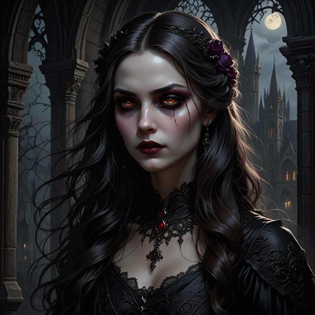 Regal Vampire Goddess in Silver and Brown - AI Art