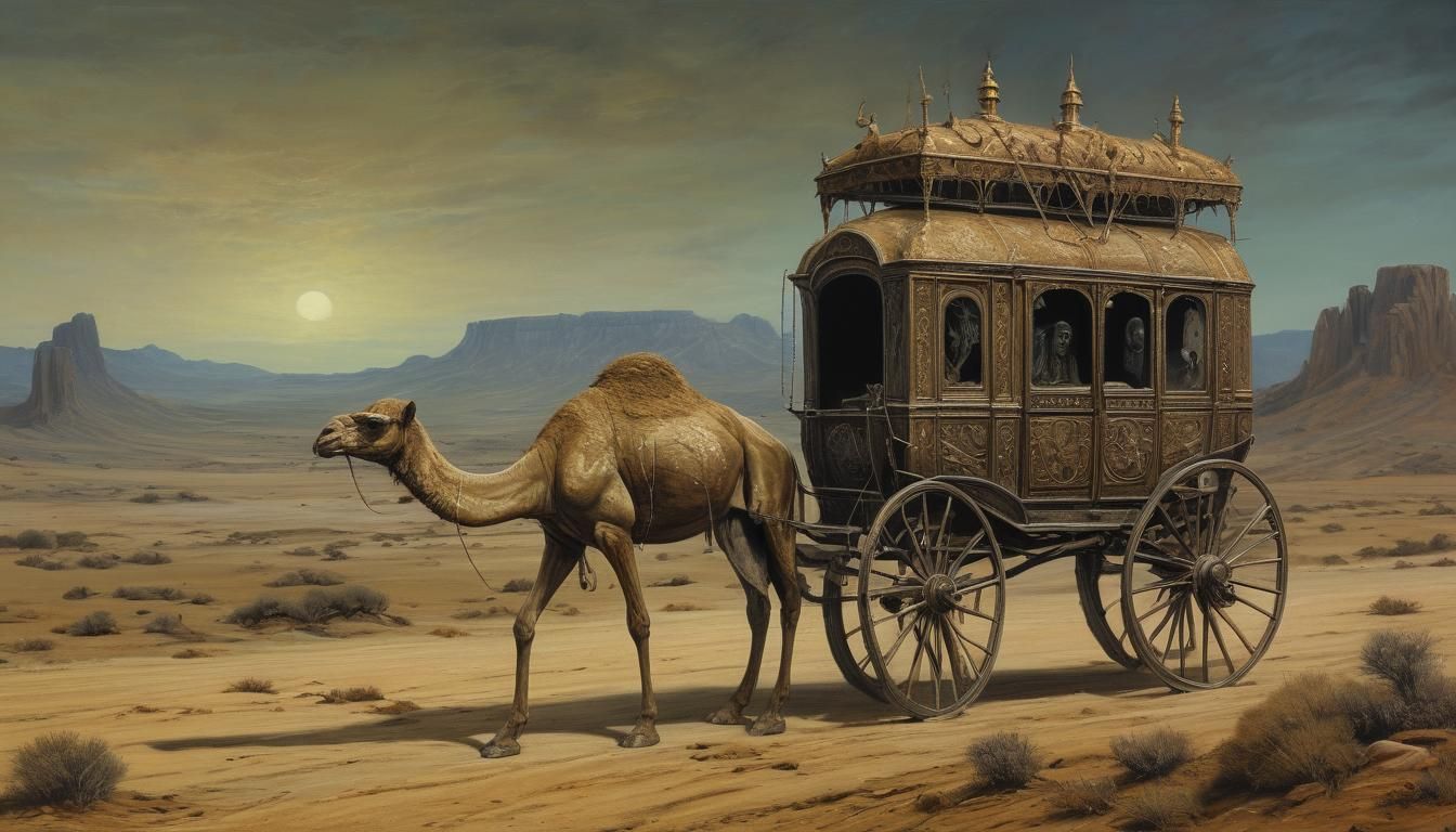 A medieval hearse, drawn by a camel, in a barren landscape, Surreal ...