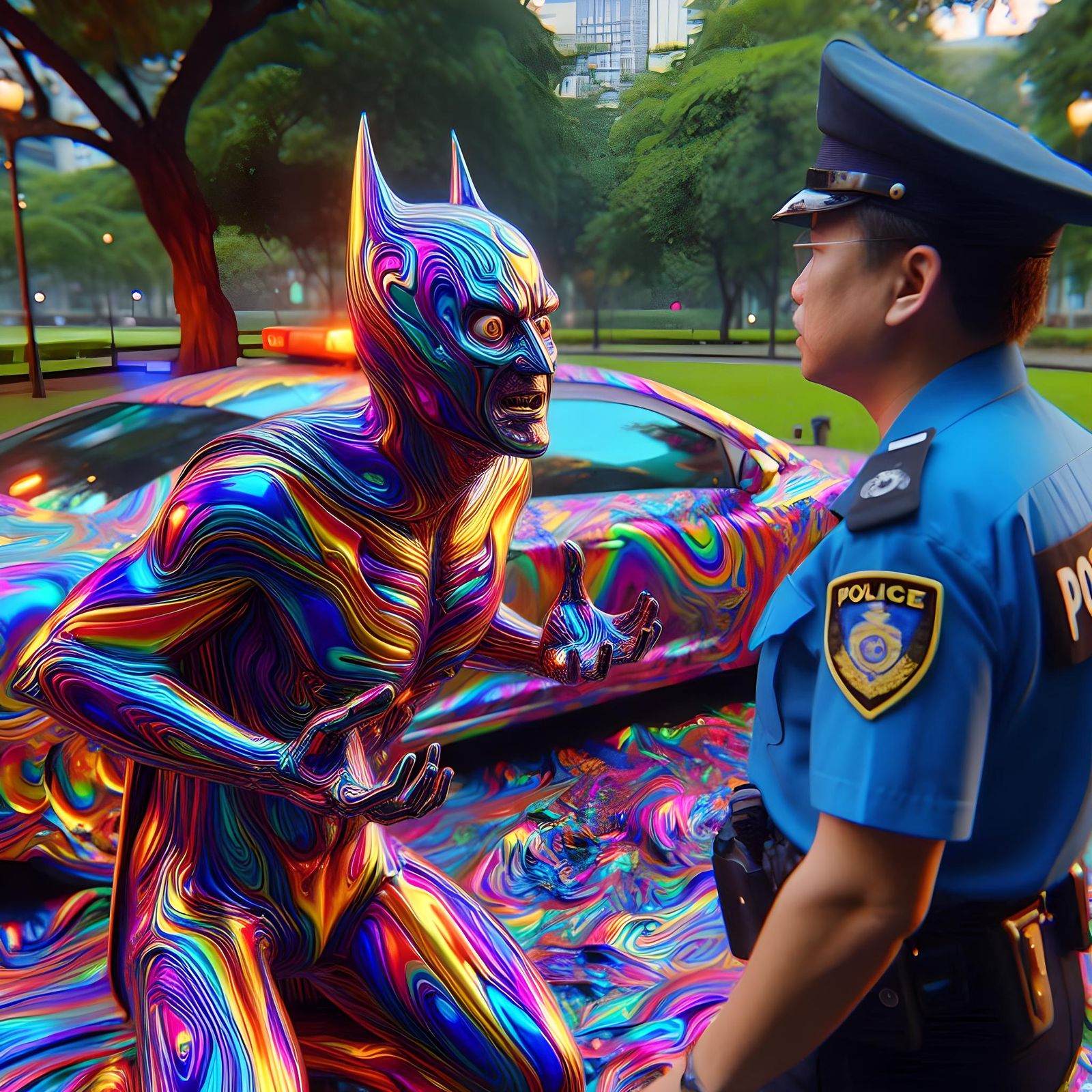 Psychedelic Batman arguing with the Police - AI Generated Artwork - NightCafe Creator