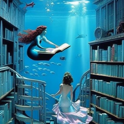 Underwater library (with mermaids as librarians) - AI Generated Artwork - NightCafe Creator