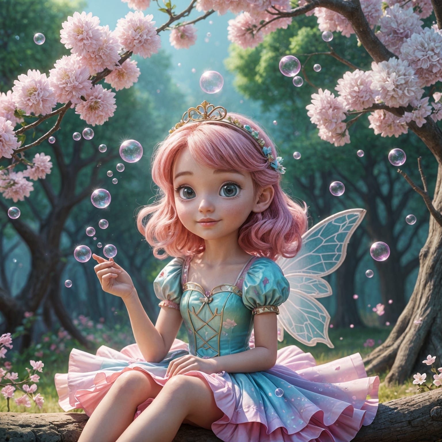 Fairy Girl Blowing Bubbles - Fairy Princess in Cherry Blosso...