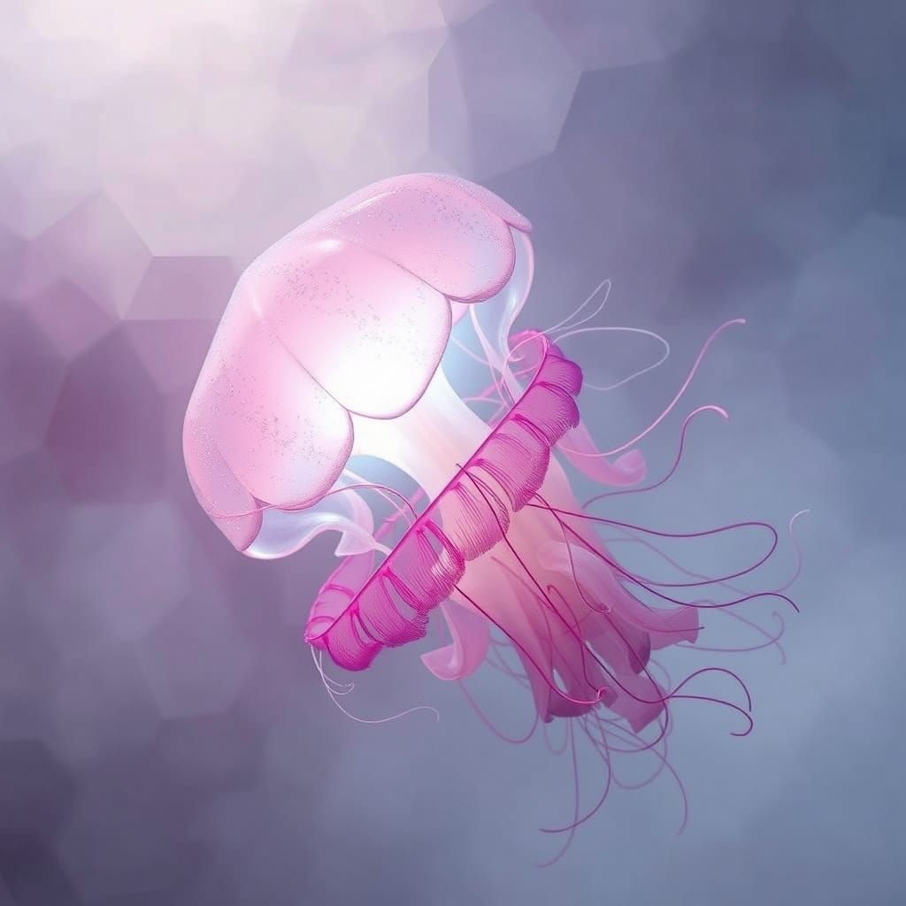 Clear, high quality glowing rose-orchid jellyfish blossom in ethereal fog