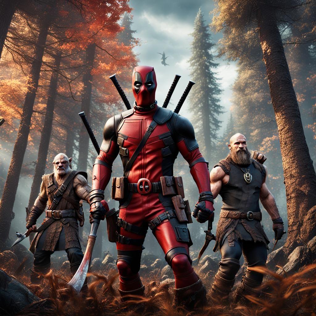 Deadpool surrounded by 5 muscular Vikings with axes in the woods. - AI ...