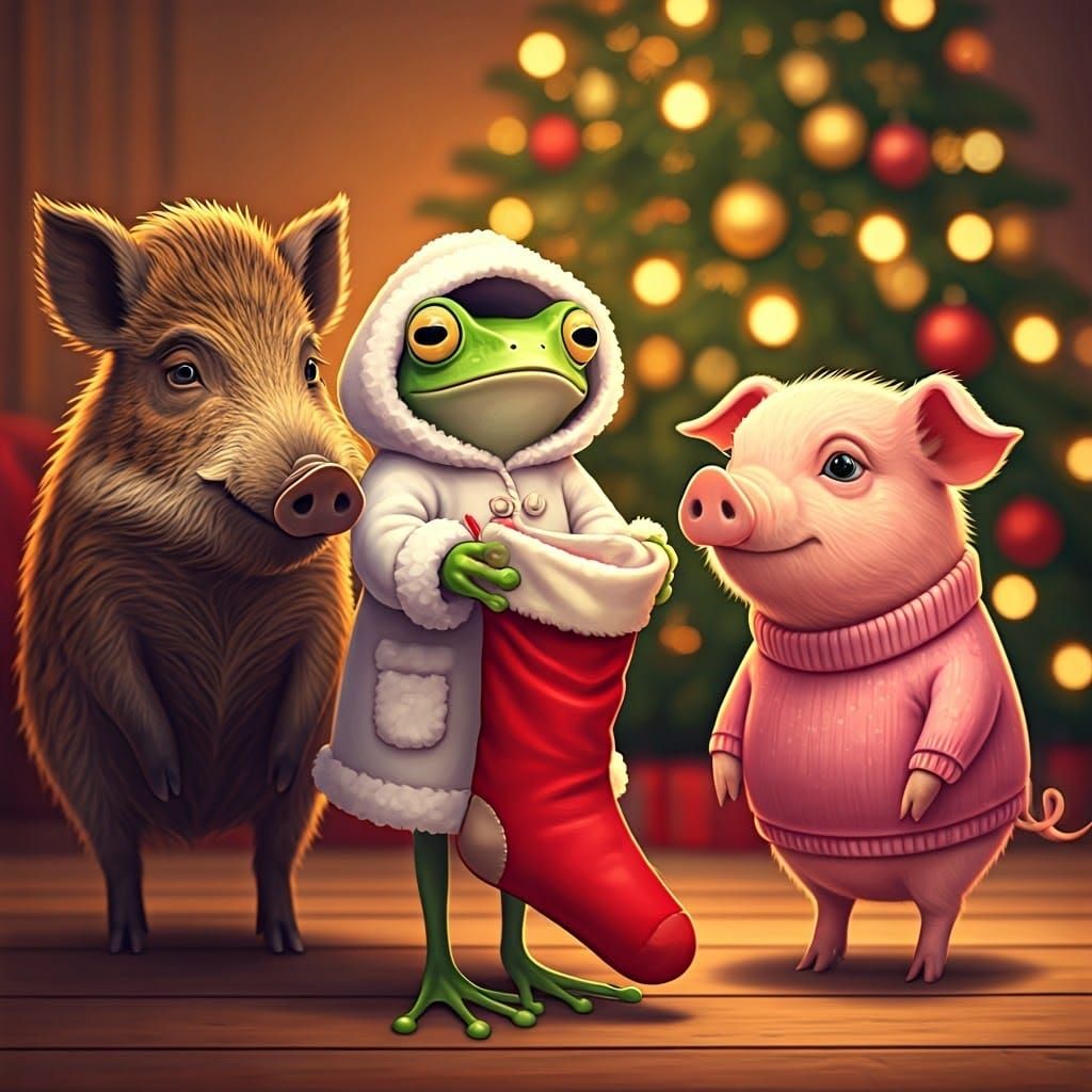 Piggy and Apple comfort a sad Froggy on Christmas