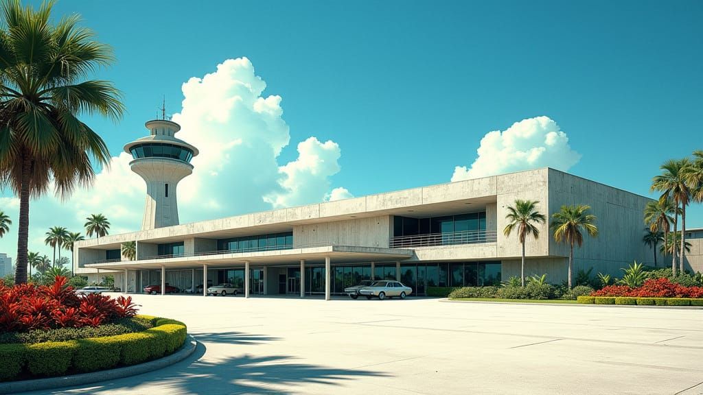 Brutalist Tropical Airport Terminal in Vibrant Blu... - AI Art