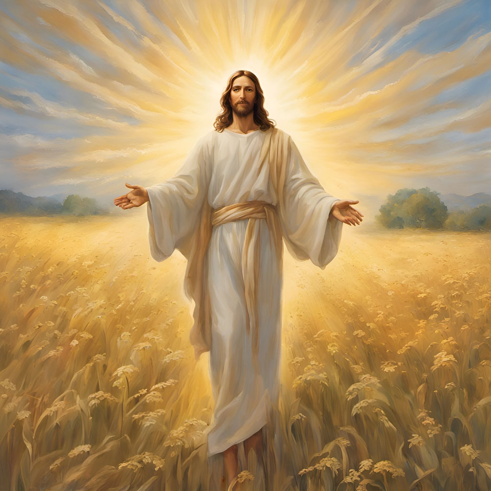 A radiant figure with outstretched arms, Jesus stands in a field of ...