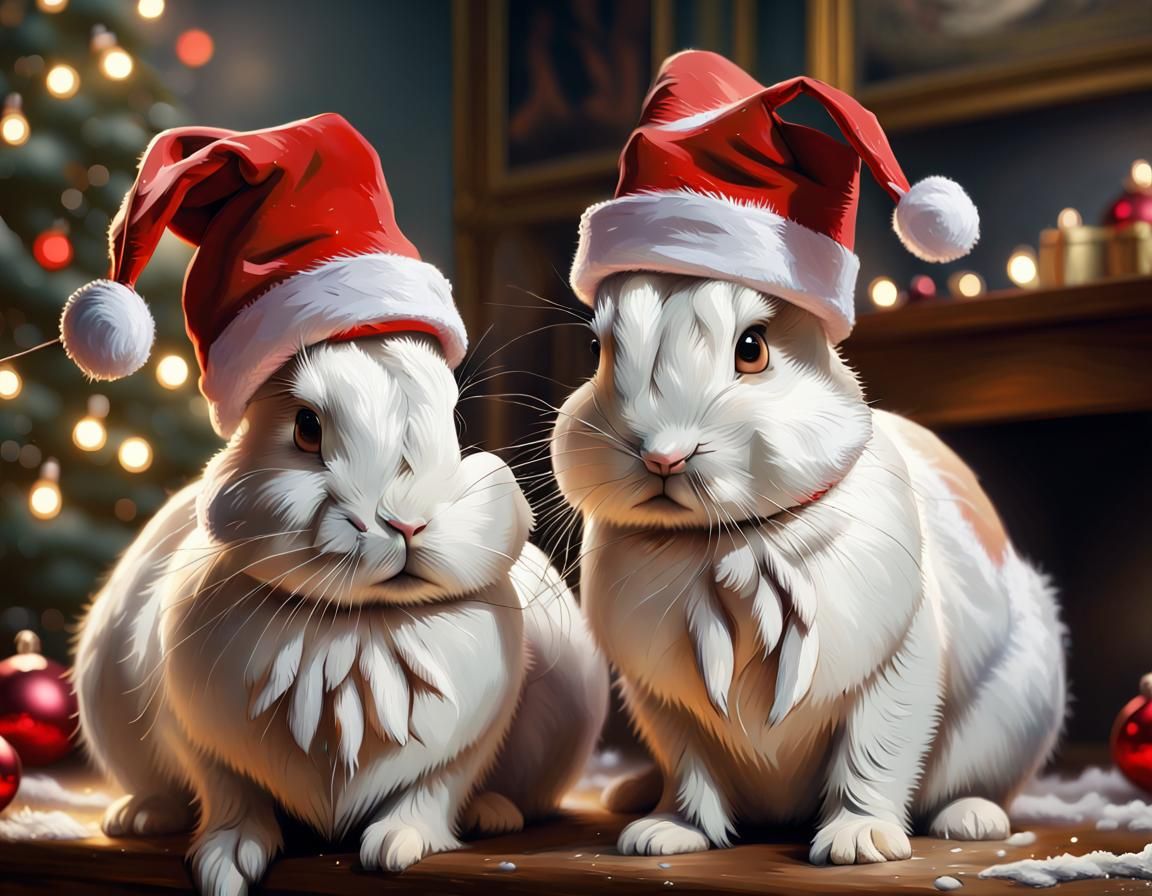 Christmas rabbits wearing Christmas hats, Christmas lights, heavy ...
