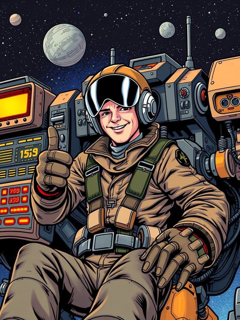 Mech Pilot Smiles in Retro-Futuristic Cockpit - AI Art