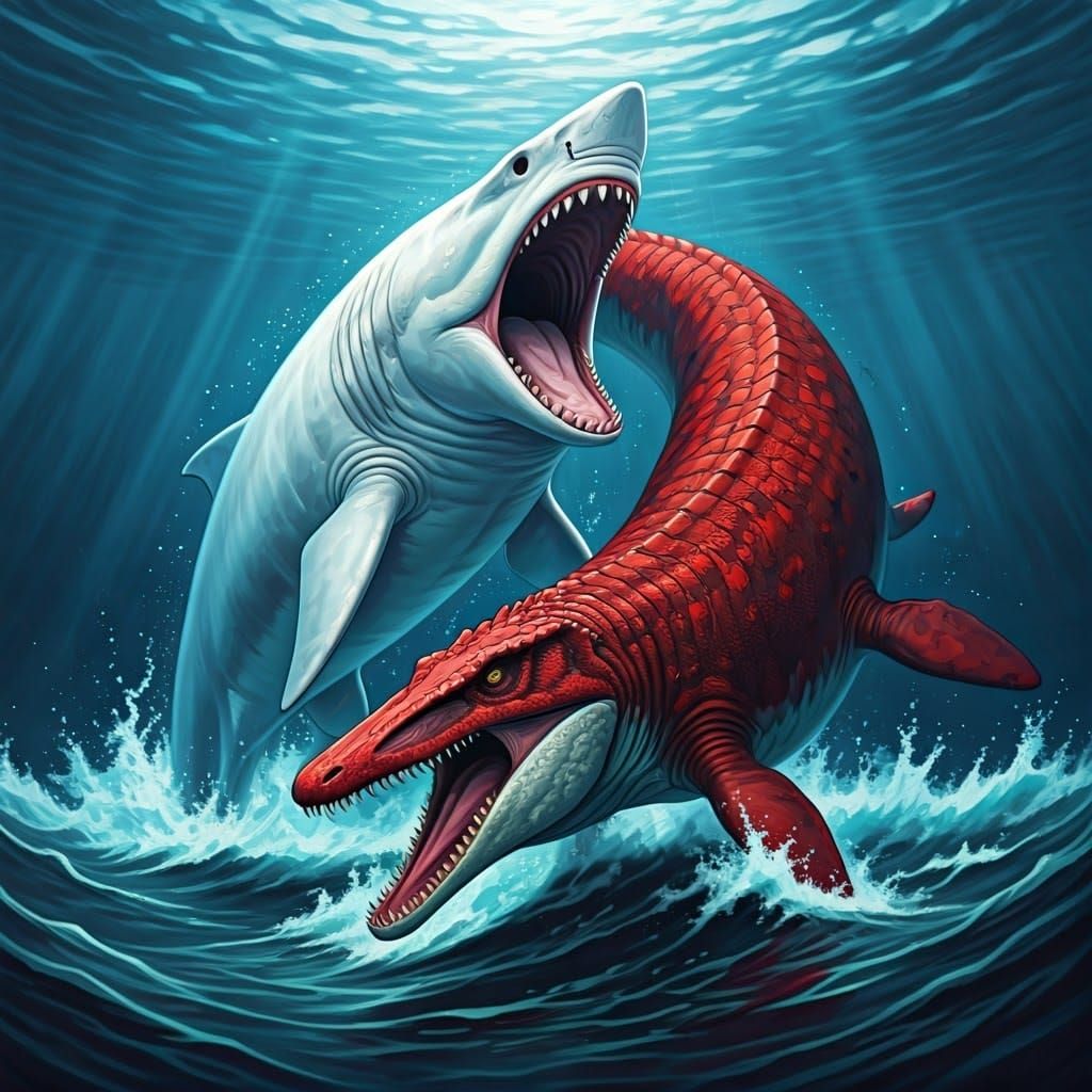 Albino Megalodon Battles Crimson Red Mosasaurus in... - AI Art