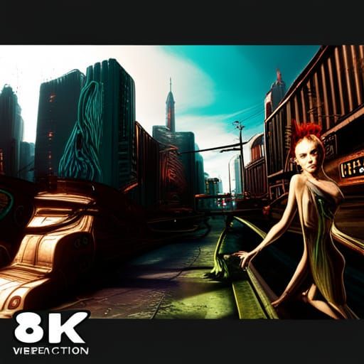 Direction floor graffiti pixie model walking on sidewalk dystopian future aliens - AI Generated ...