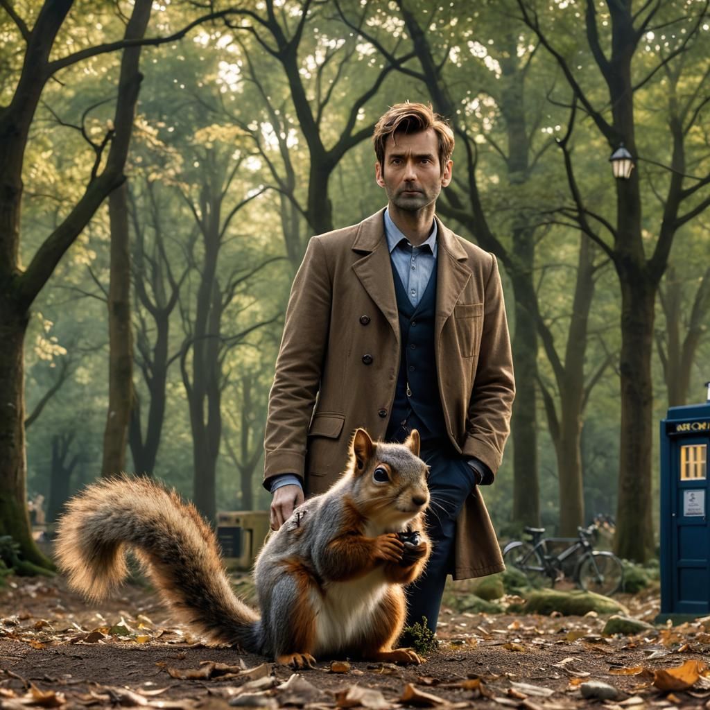 David Tennant as Doctor Who, a squirrel, and the TARDIS, shot with ...
