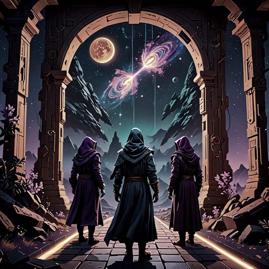 A group of mysterious, robed travellers standing at the threshold of a ...