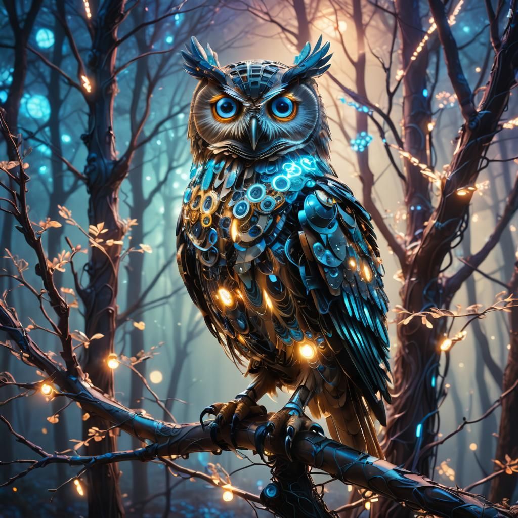 Cybernetic Owl perched on a Digital Tree in a Neon... - AI Art