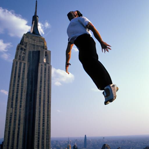 A man doing a backflip on the Empire State Building, 2001 - AI ...
