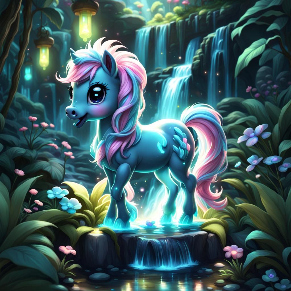 adorable cute chibi baby furry pony with a bioluminescent Waterfall in ...