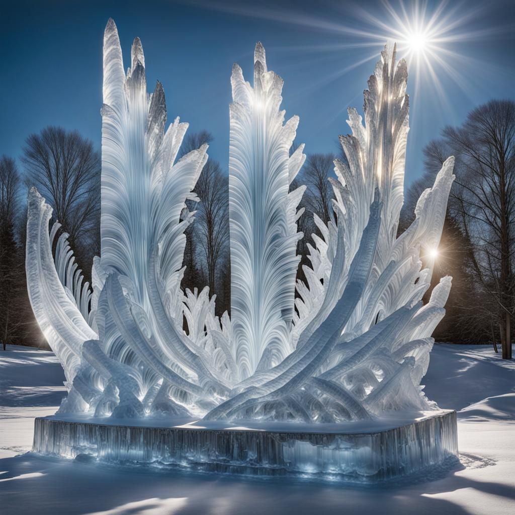 artwork showcasing the ethereal allure of sunlight cascading upon a sculpted ice formation - AI ...