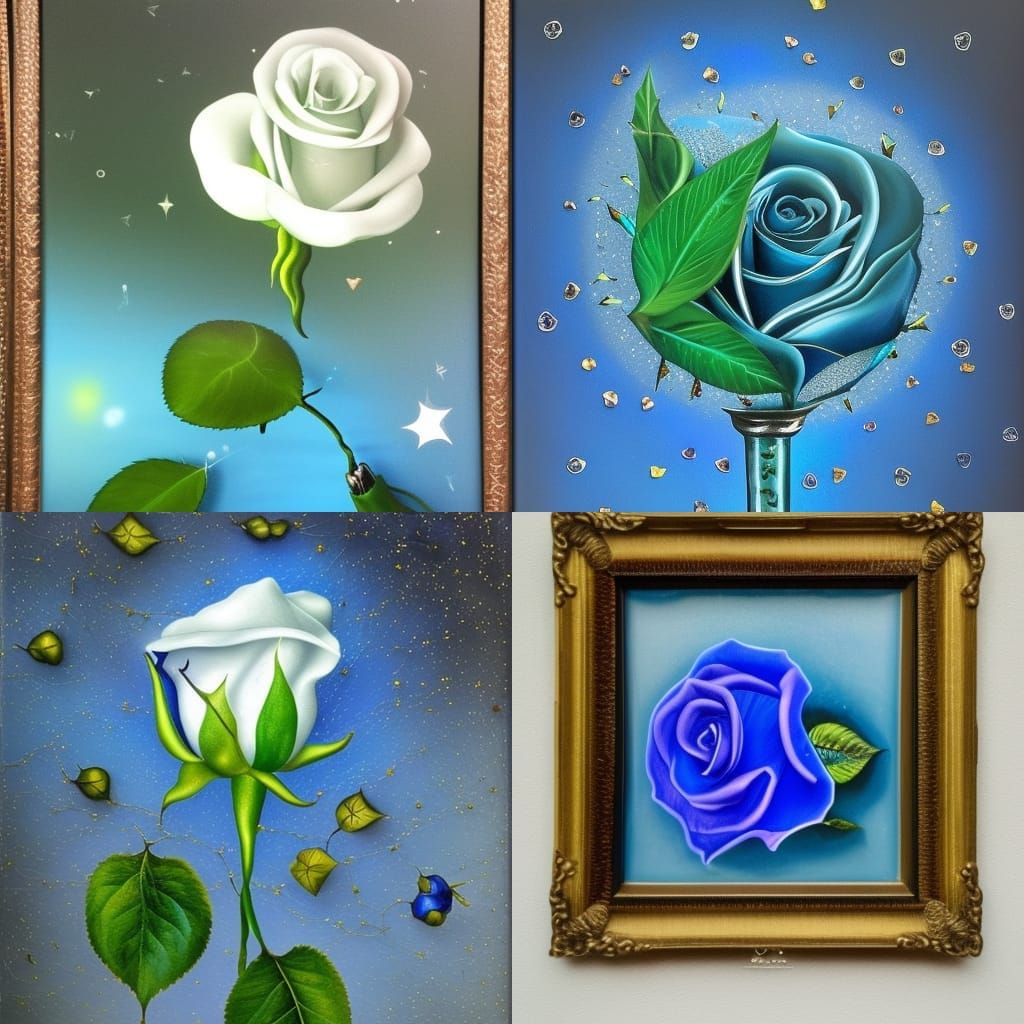 Hand made of glass caressing a blue glass rose with twinkling stars in ...