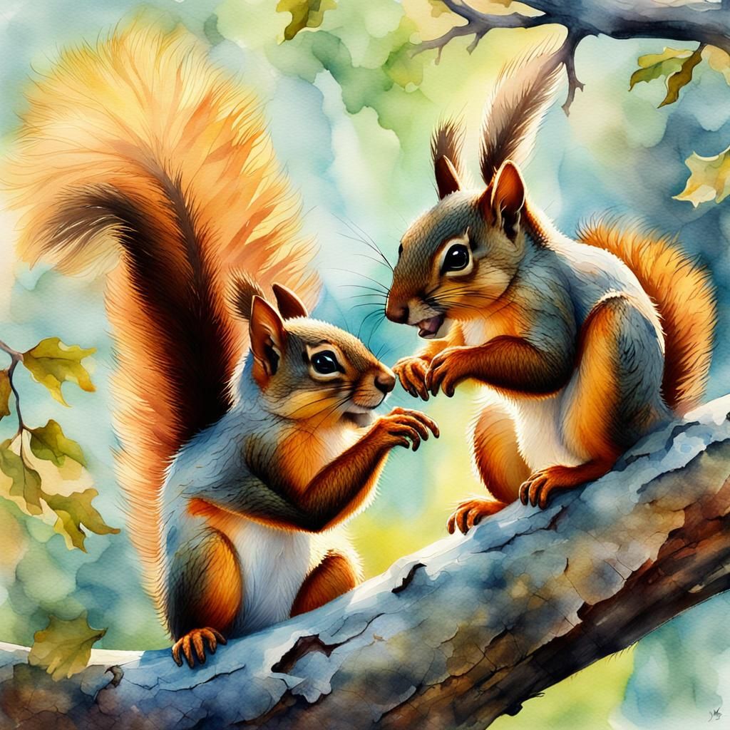 Two young squirrels playing - AI Generated Artwork - NightCafe Creator