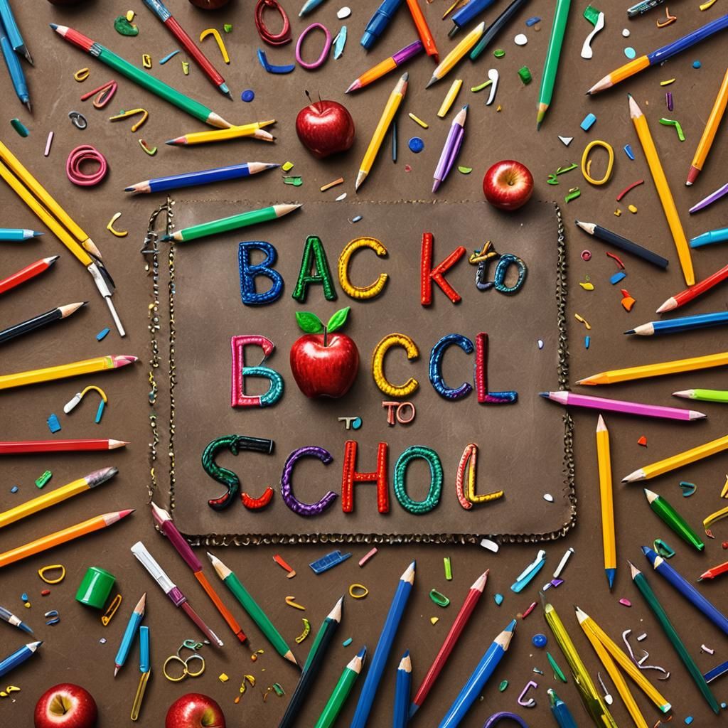 A colorful back-to-school scene in PNG format, featuring a notebook, an apple, and pencils ...