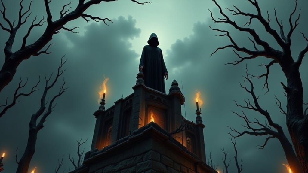 Surreal Gothic Nightmare: Hooded Figure Amidst Rui... - AI Art