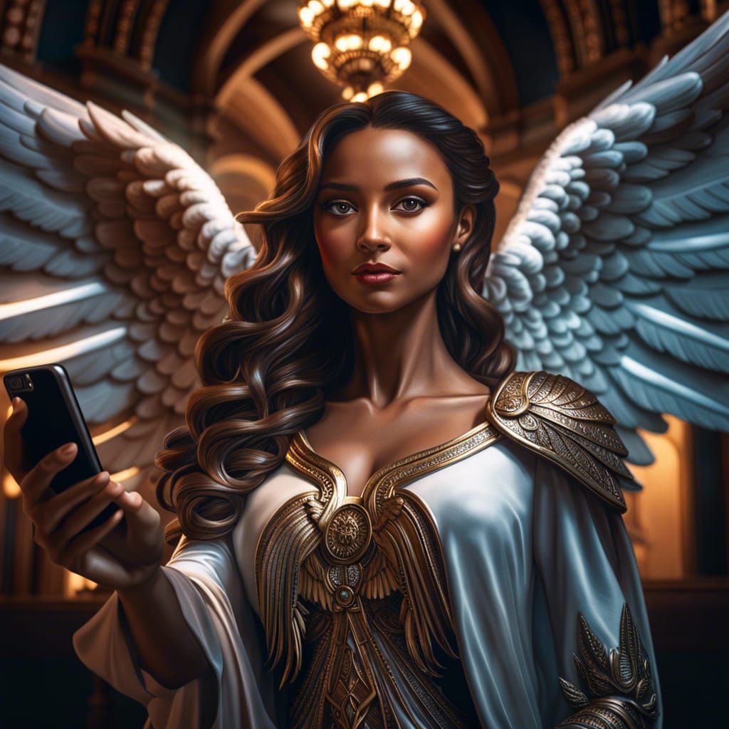 Woman takes A selfie with Angel on her phone . Angel, archangel with ...
