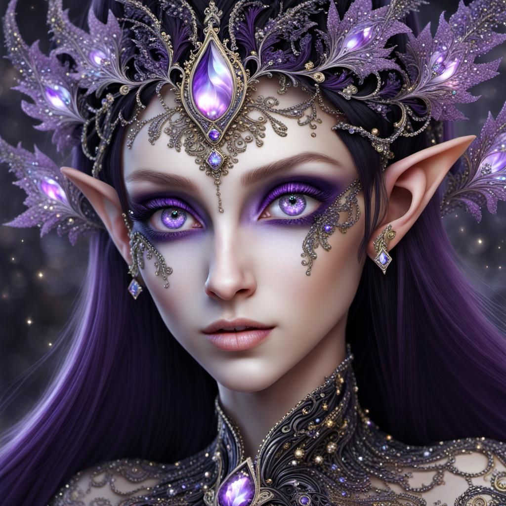 Prompt: unique, amazing fractal, beautiful violet eyed Elf, she is made ...