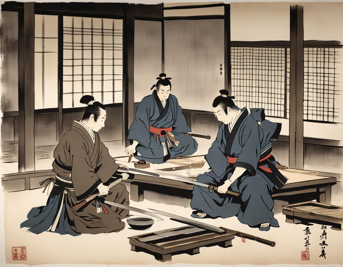 Japanese ink painting of a master swordsmith teaching his apprentice ...