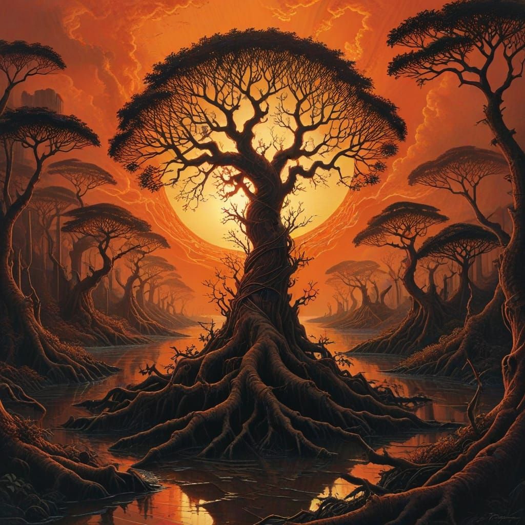 Mystical Mangrove Forestscape in Vibrant Sunset Hu... - AI Art