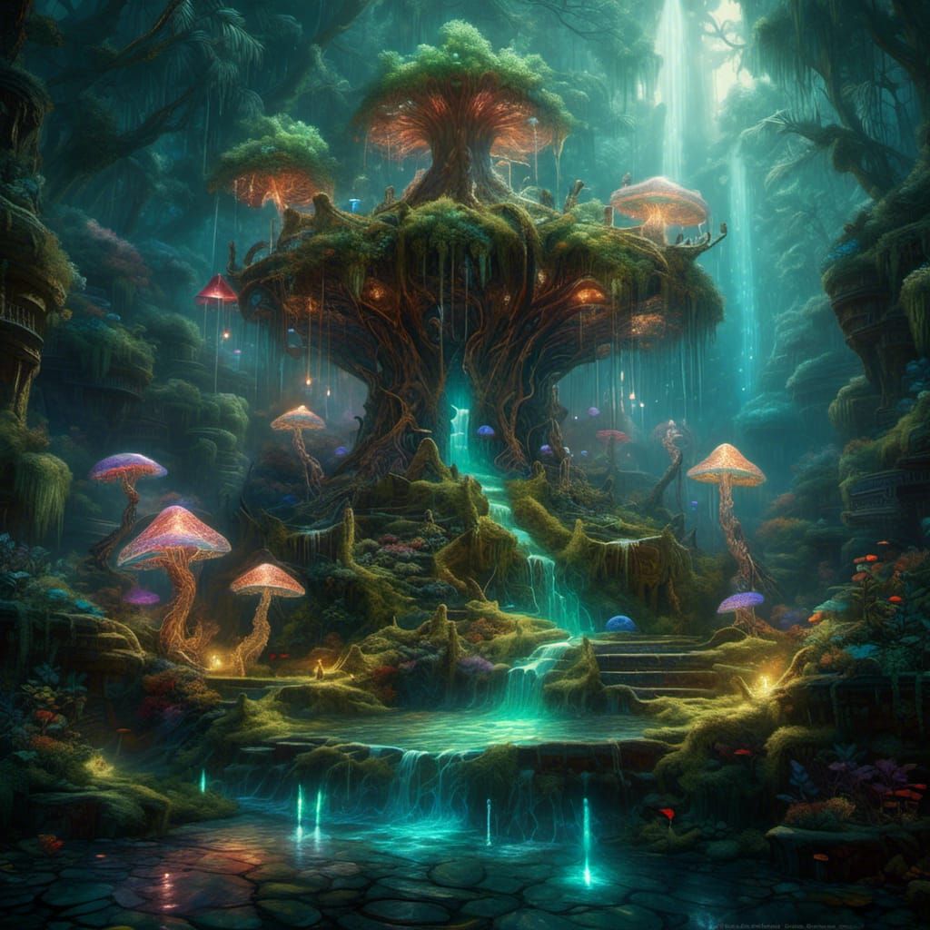 Mushroom Tree Fountain - AI Generated Artwork - NightCafe Creator