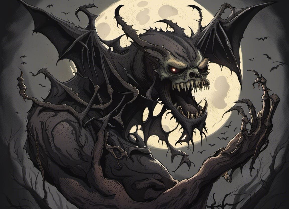 a rotting demon with big claws and fangs, bats around his head, and a ...