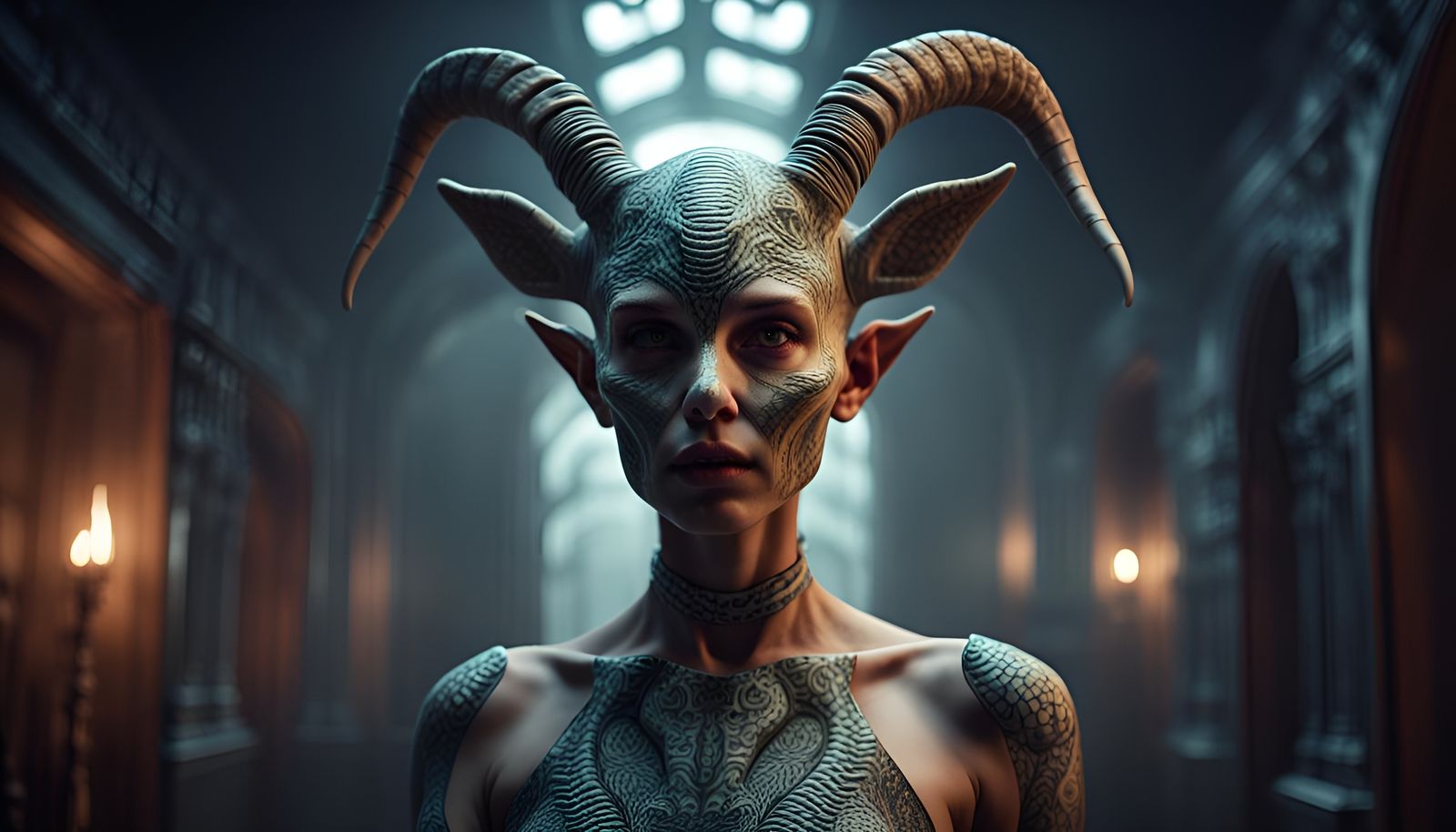 A young woman in the image of a humanoid and extraterrestrial alien ...