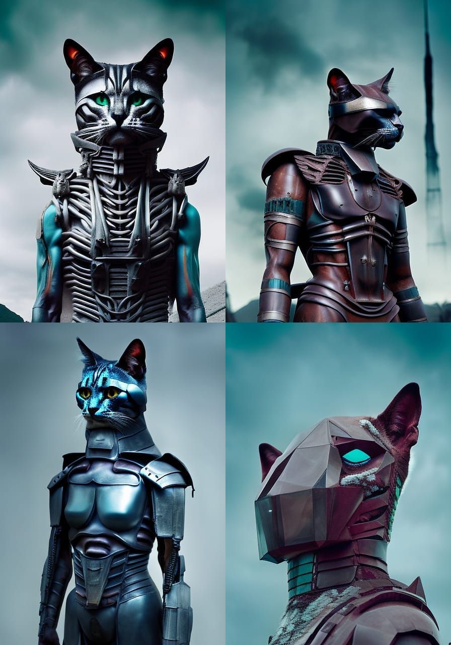 badass siamese cat warrior in full armor- stands amid the rubble in a ...