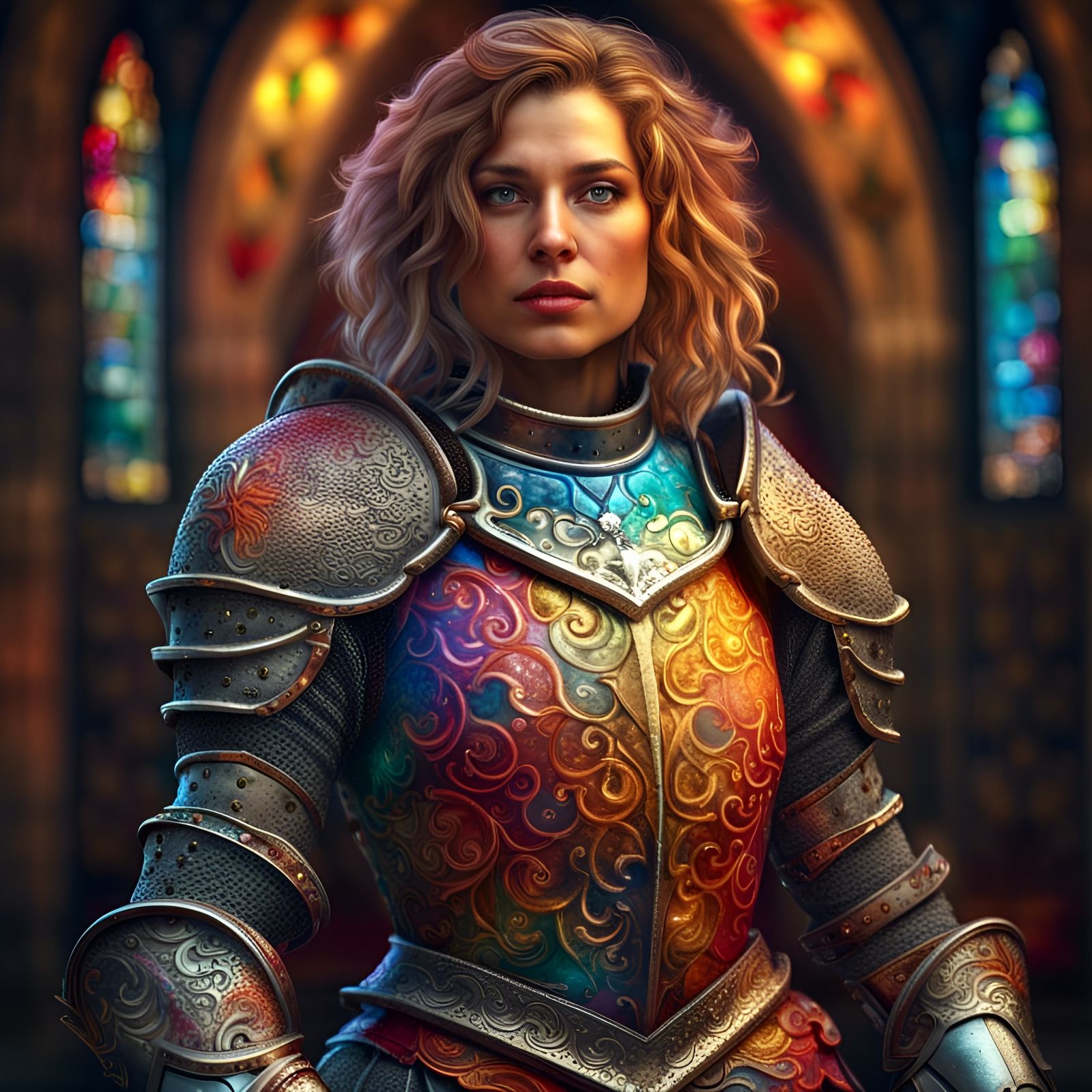 Full body view of realistic vibrant colorful medieval female knight ...