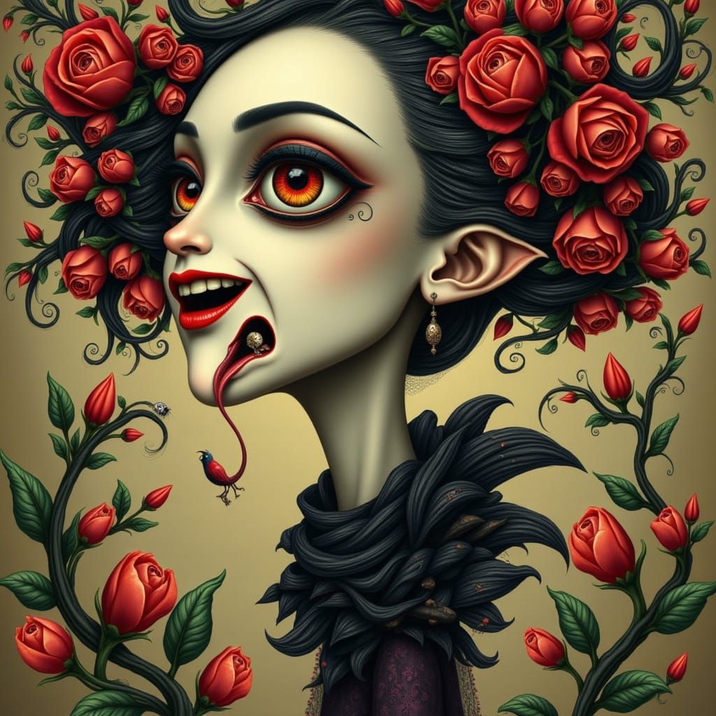 surreal Portrait of a female vampire, with big eyes, large fangs ...