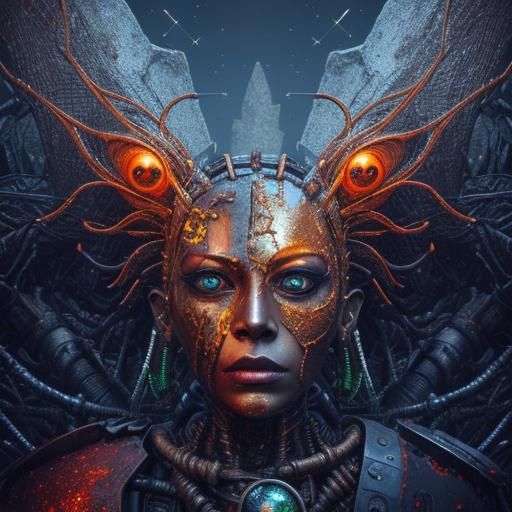 Close-up metallic mummy patched liquid and glitter sculpture with weird ...