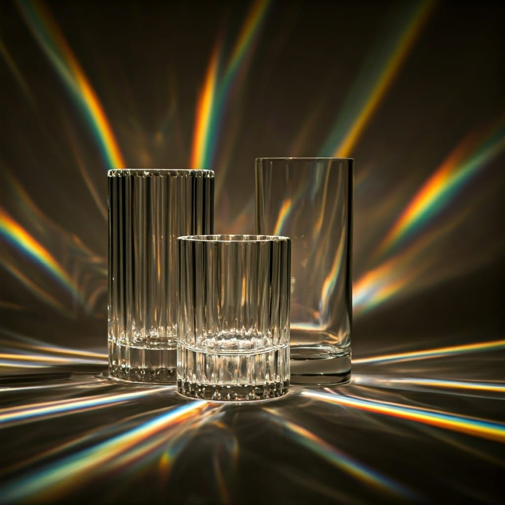 Glass objects casting rainbow shadows.